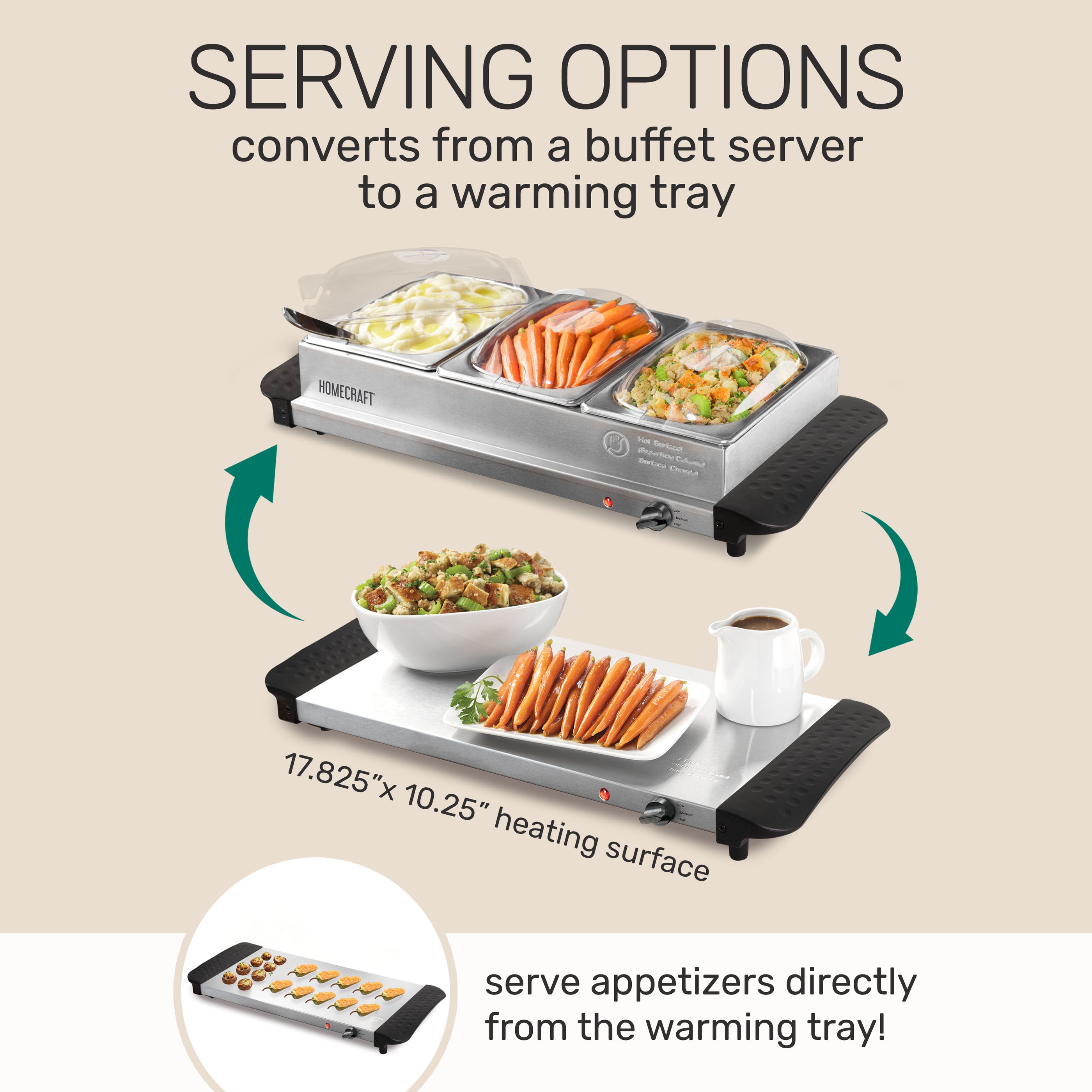 HomeCraft™ 1.5-Quart, 3-Station Buffet Server & Warming Tray ...