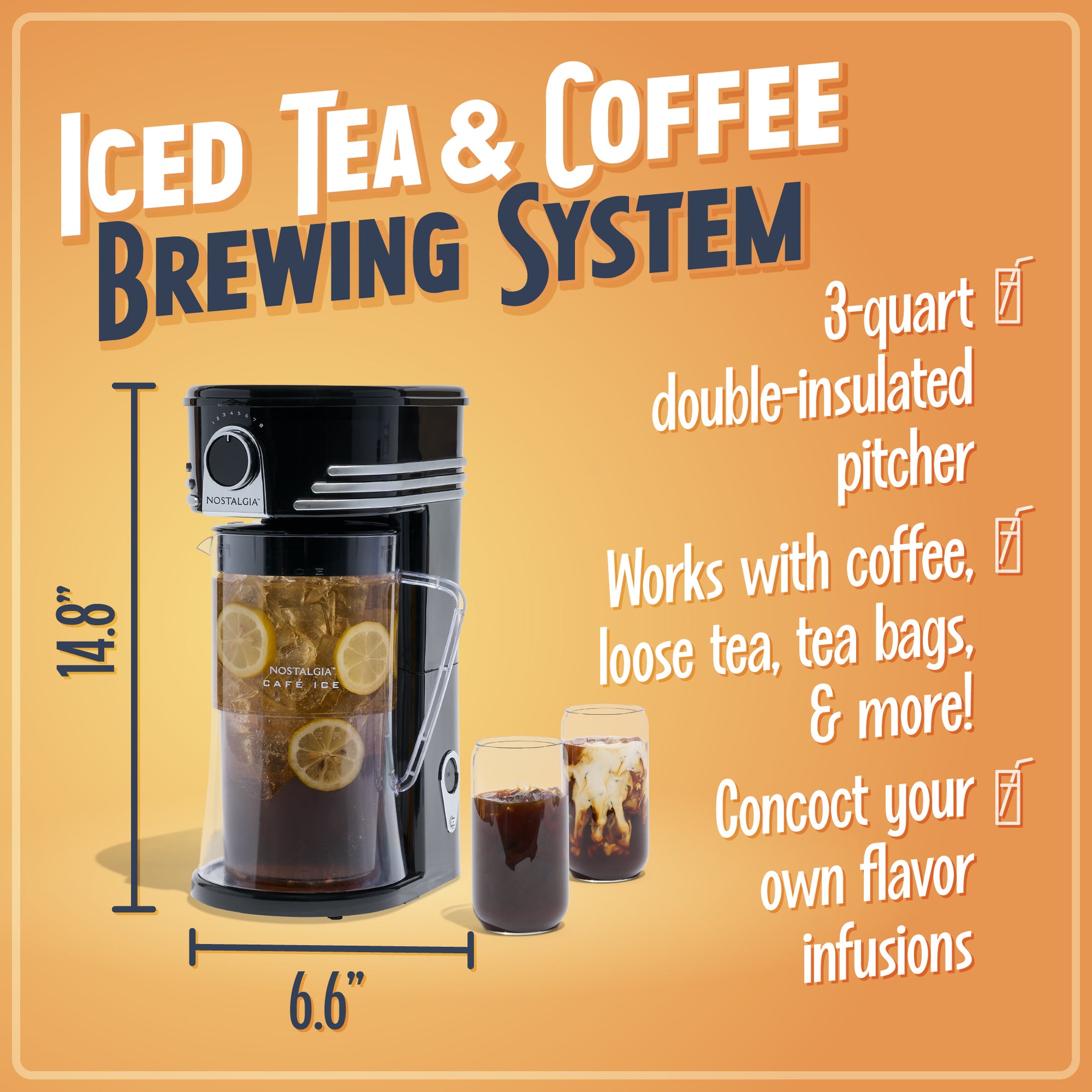 Café' Ice 3-Quart Iced Coffee and Tea Brewing System, Black — Nostalgia ...