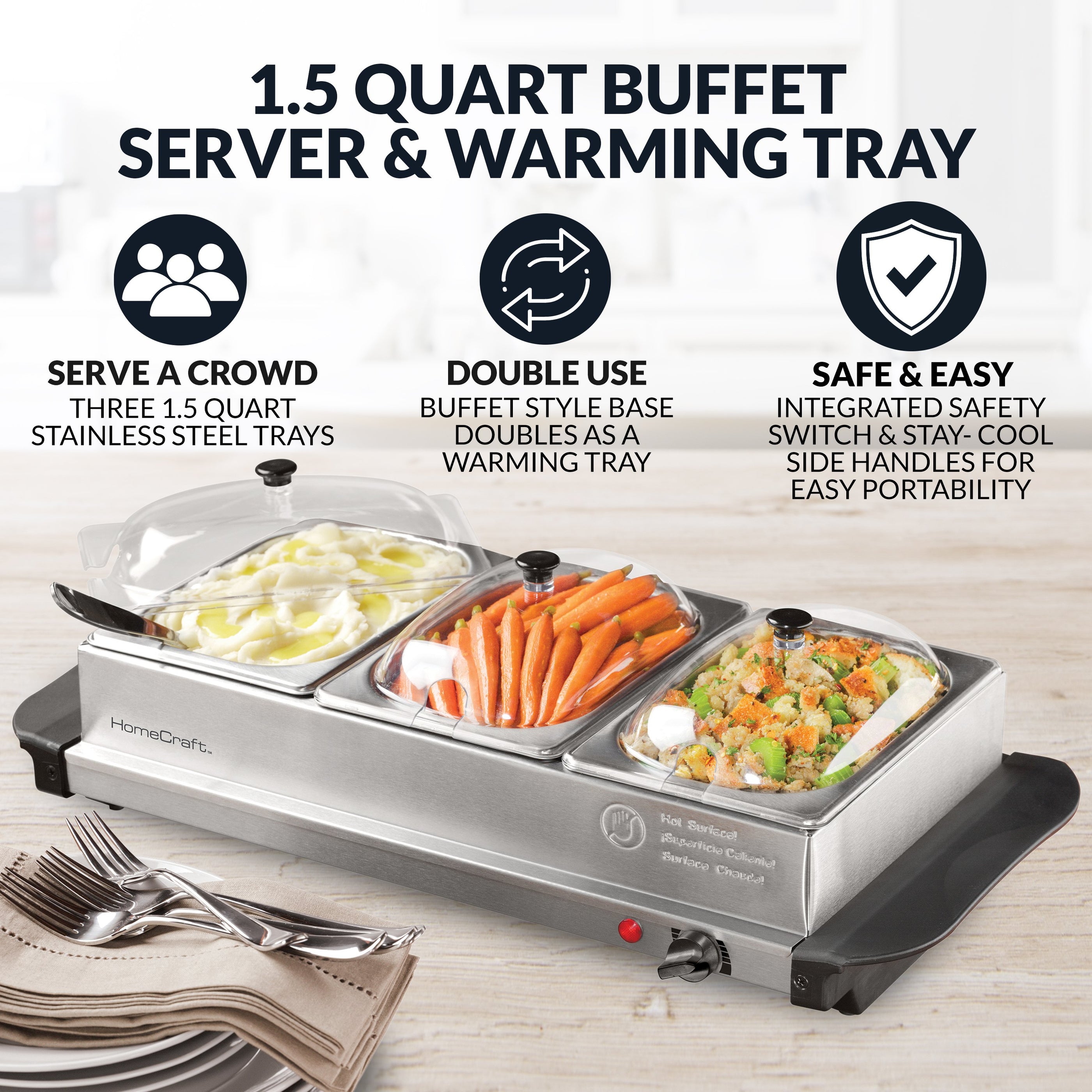 HomeCraft™ 1.5-Quart, 3-Station Buffet Server & Warming Tray ...